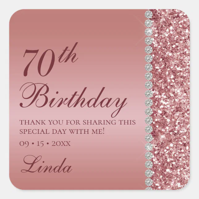 Elegant Rose Gold 70th Birthday Thank You Square Sticker | Zazzle
