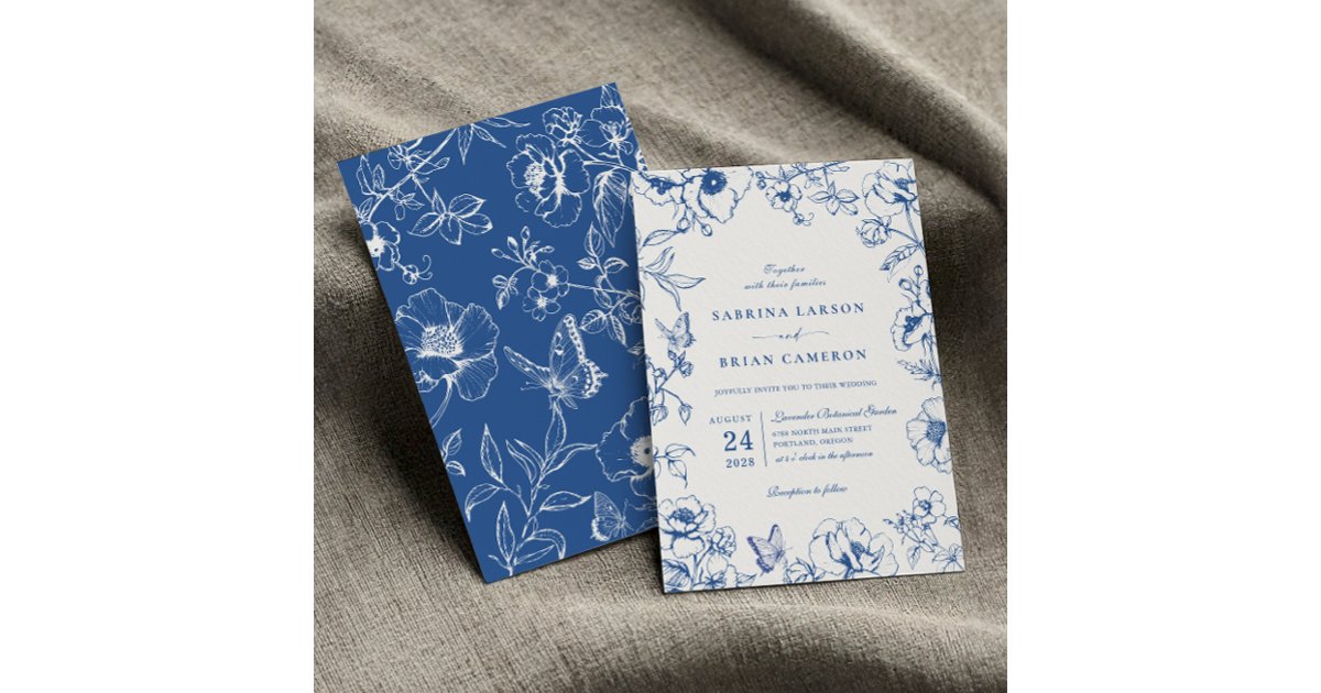 Elegant Royal Blue Floral Garden Wedding Invitation | Zazzle