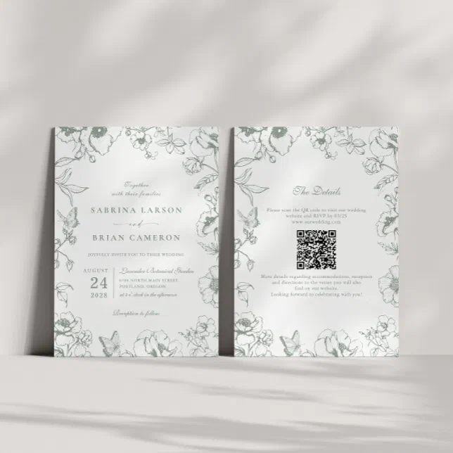 Elegant Sage Green Floral Garden QR Code Wedding Invitation | Zazzle