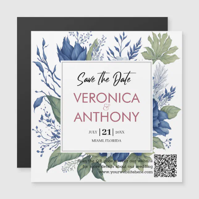 Elegant Save The Date QR Code Floral Wedding Magnetic Invitation | Zazzle