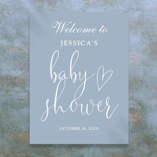 Elegant Script Dusty Blue Baby Shower Welcome Sign | Zazzle