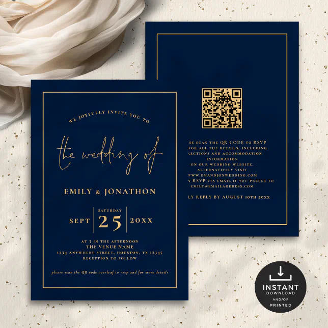 Elegant Script Line QR Code Navy Blue Gold Wedding Invitation | Zazzle