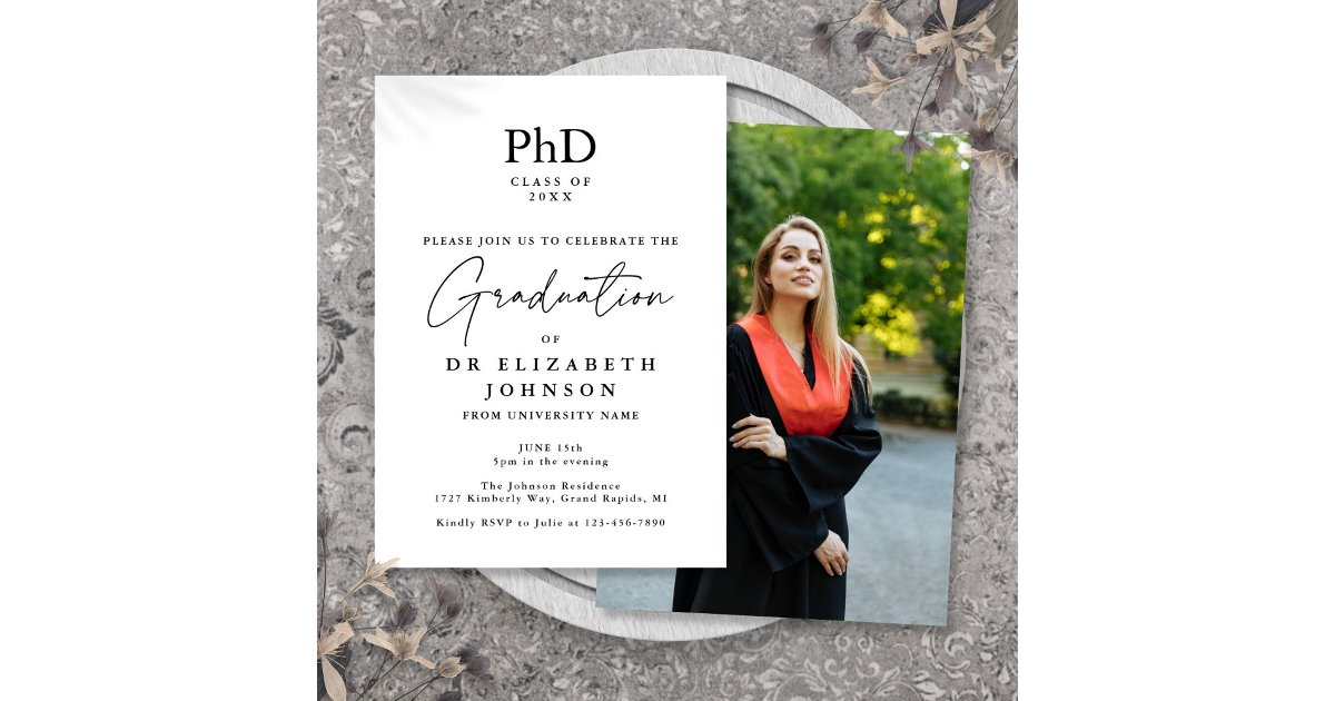 Elegant Script PhD Degree Photo Graduation Party Invitation | Zazzle
