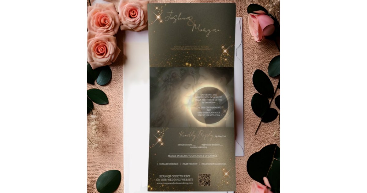 Elegant Sepia Solar Eclipse Custom Photo Wedding Tri-Fold Invitation ...