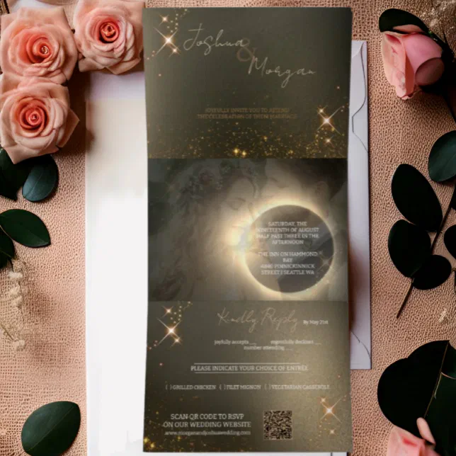 Elegant Sepia Solar Eclipse Custom Photo Wedding Tri-Fold Invitation ...