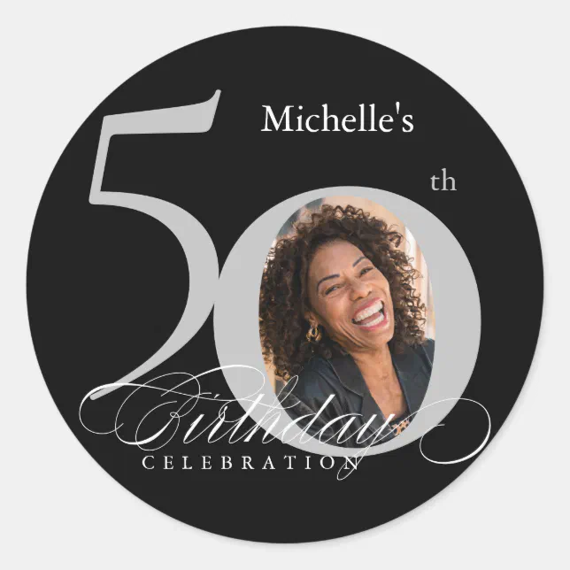 Elegant Silver Black Photo 50th Birthday Classic Round Sticker | Zazzle