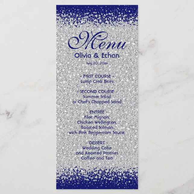 Elegant Silver Glitter and Royal Blue Menu | Zazzle
