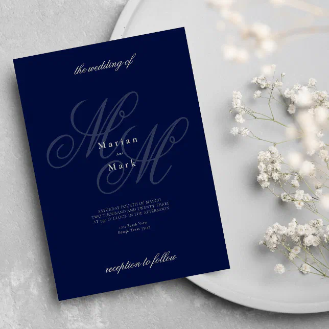 Elegant silver navy blue monogram initial wedding invitation | Zazzle