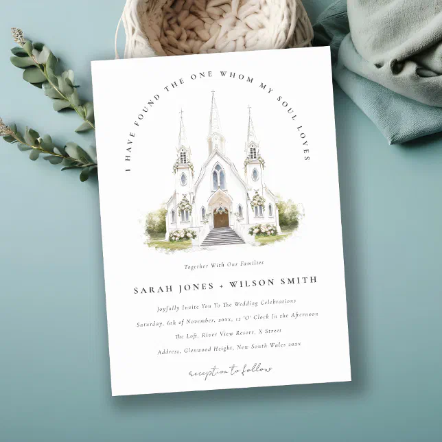 Elegant Simple Catholic Watercolor Church Wedding Invitation | Zazzle