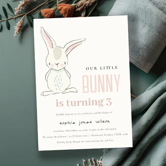 Elegant Simple Cute Blush Pink Bunny Kids Birthday Invitation | Zazzle