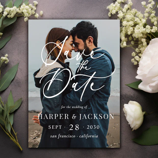 Elegant Simple Photo Save the Date Script Invitation | Zazzle