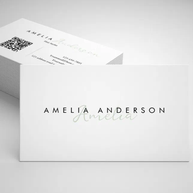 Elegant Simple Sage Green Script QR code Business Card | Zazzle