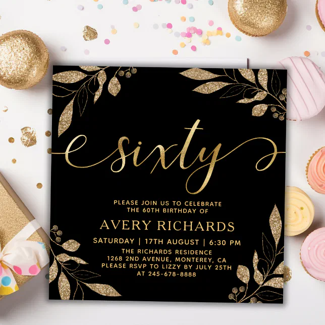 Elegant Sixty Gold Script Black 60th Birthday Invitation | Zazzle