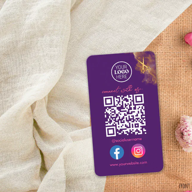 Elegant Social Media Purple QR Code Gold Scissors Business Card | Zazzle