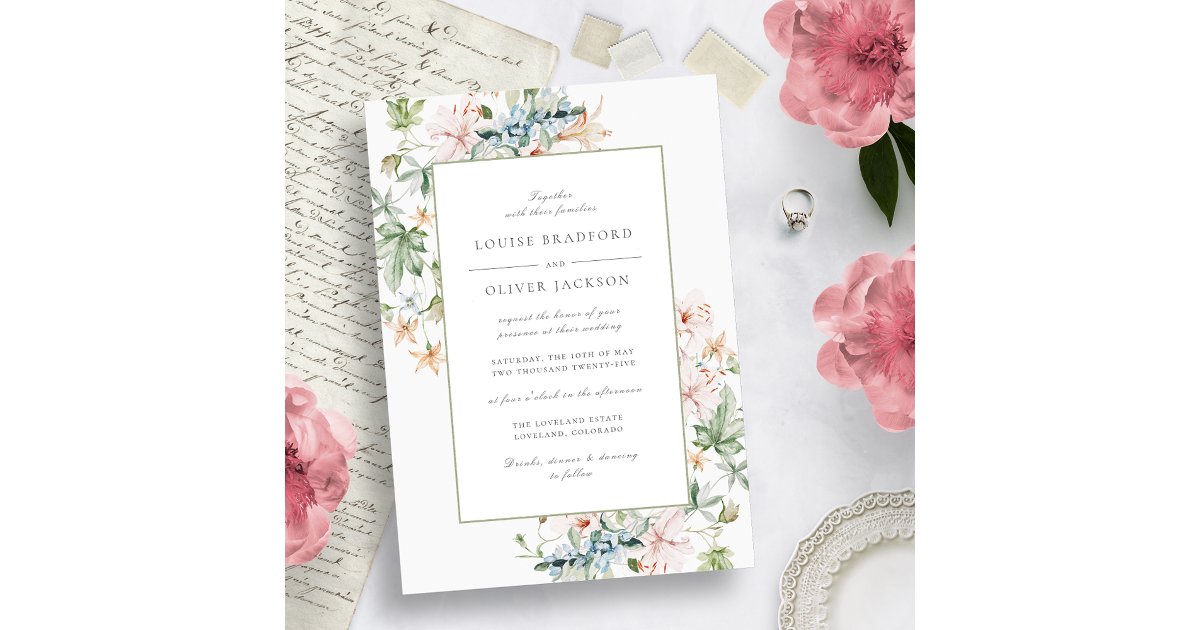 Elegant Spring Watercolor Floral Border Wedding Invitation | Zazzle