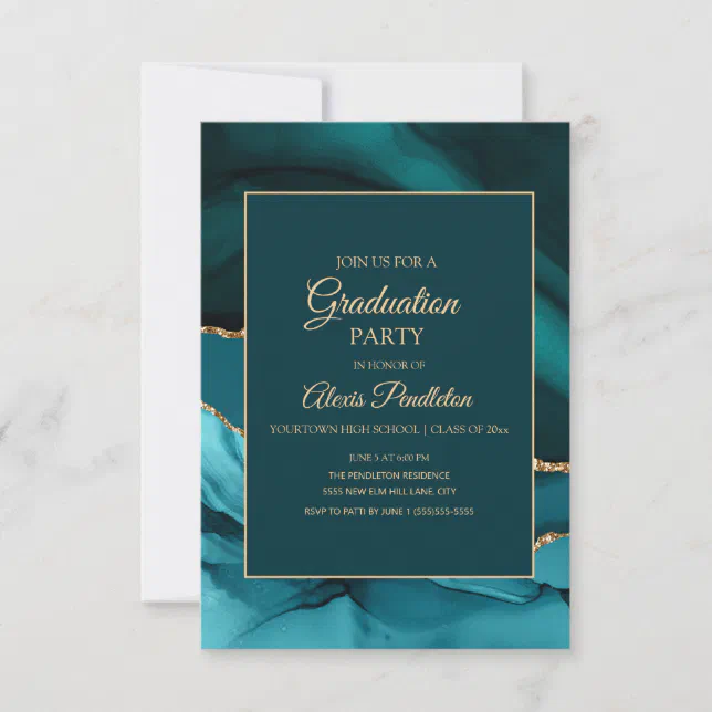 Elegant Teal Gold Marble Agate Graduation Invitation | Zazzle