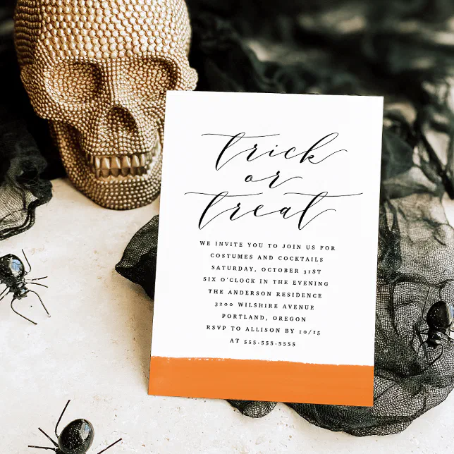 Elegant Trick or Treat Script Halloween Party Invitation | Zazzle