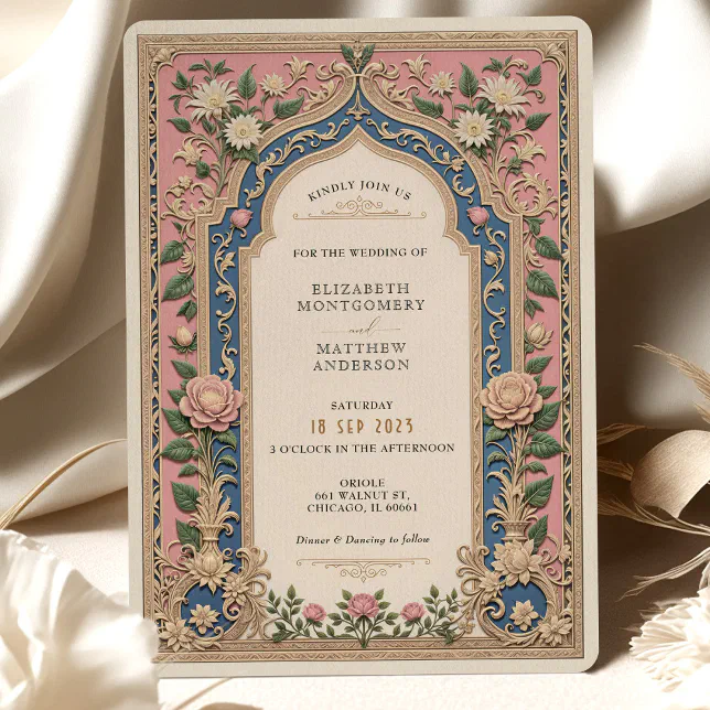 Elegant Victorian Wedding Pink & Blue Florals Invitation | Zazzle