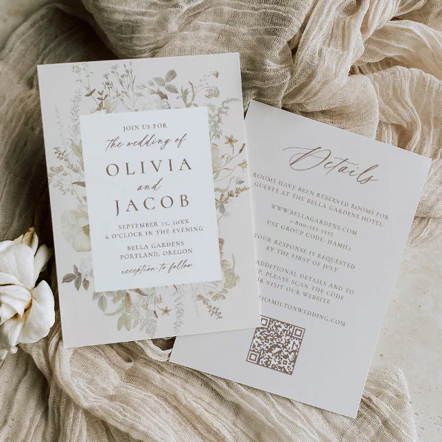 Elegant Vintage Floral Cream All in One Wedding Invitation | Zazzle