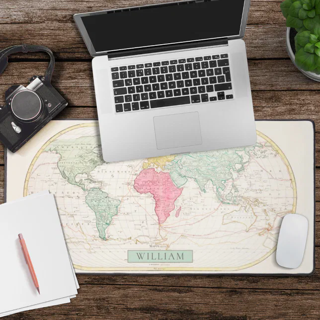 Elegant vintage world map with name desk mat | Zazzle