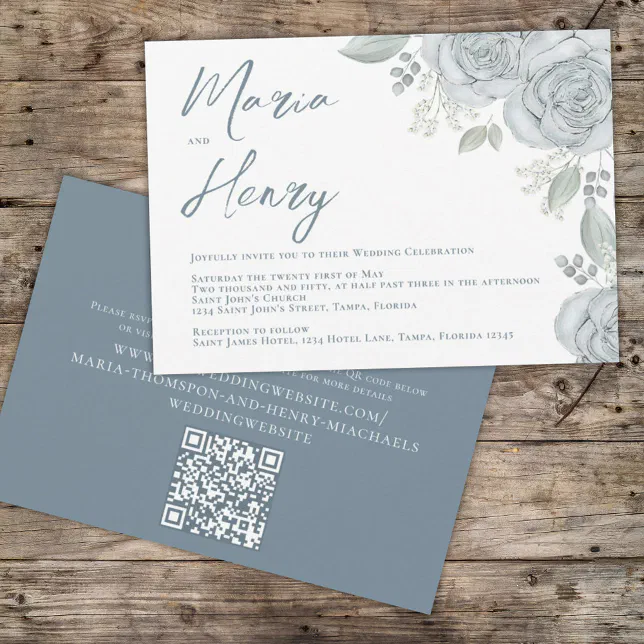 Elegant Watercolor Dusty Blue Floral Rose QR Code Invitation | Zazzle