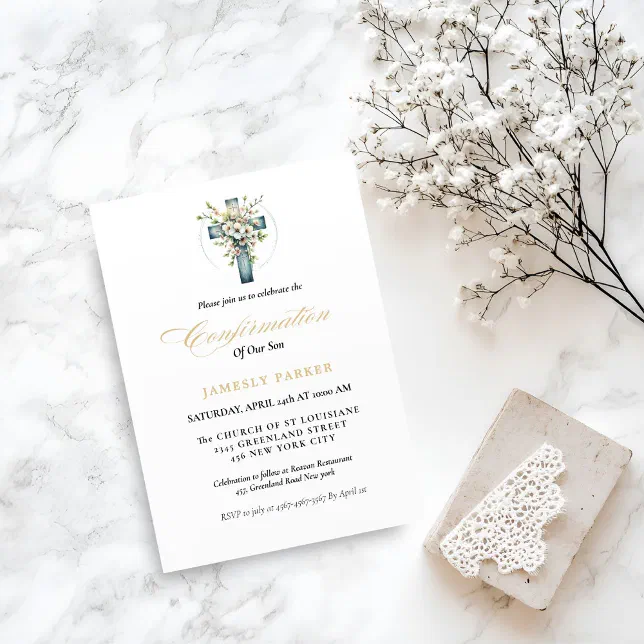 Elegant Watercolor Floral Cross Confirmation Invitation | Zazzle