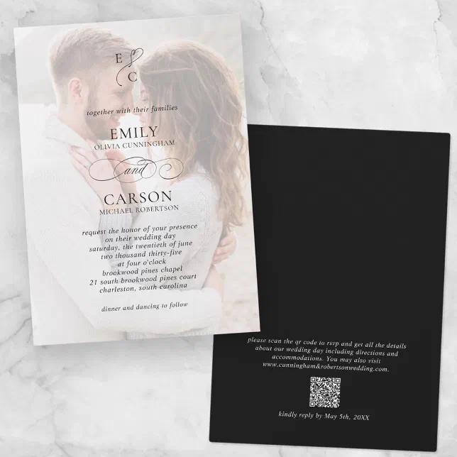 Elegant Wedding Photo Modern Monogram Logo Invitation | Zazzle