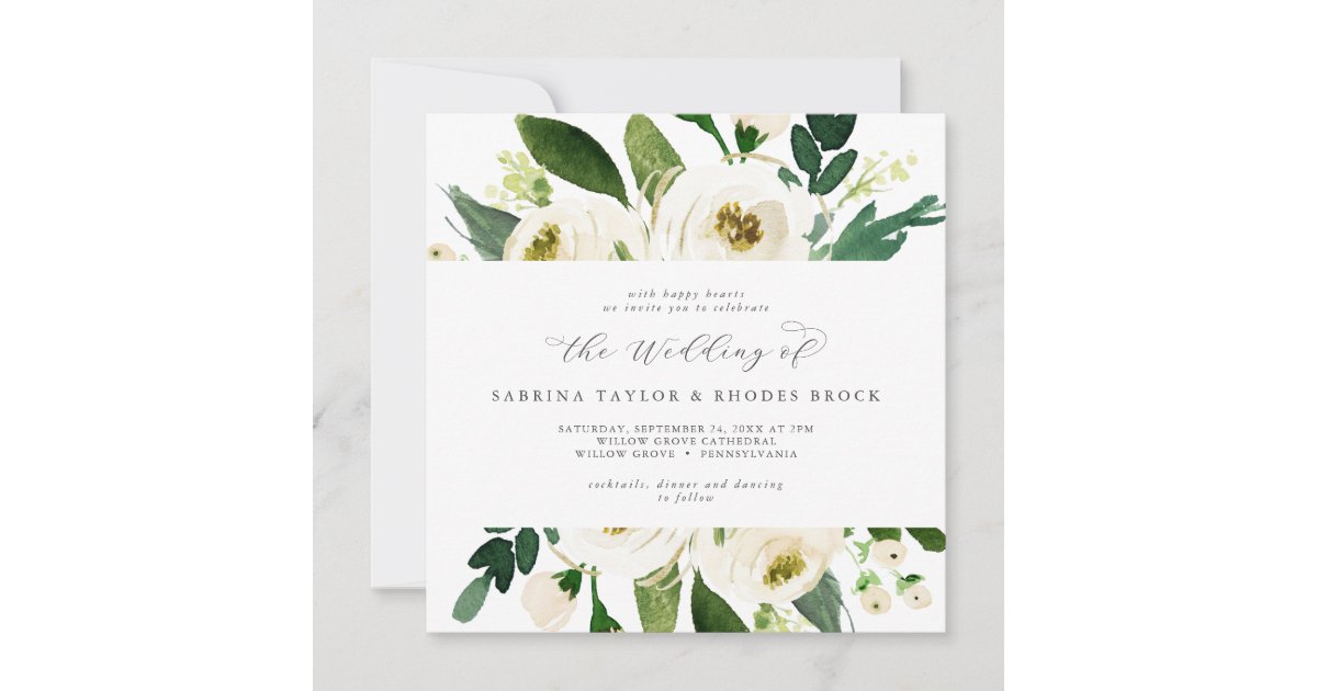 Elegant White Floral Square Wedding Invitation | Zazzle