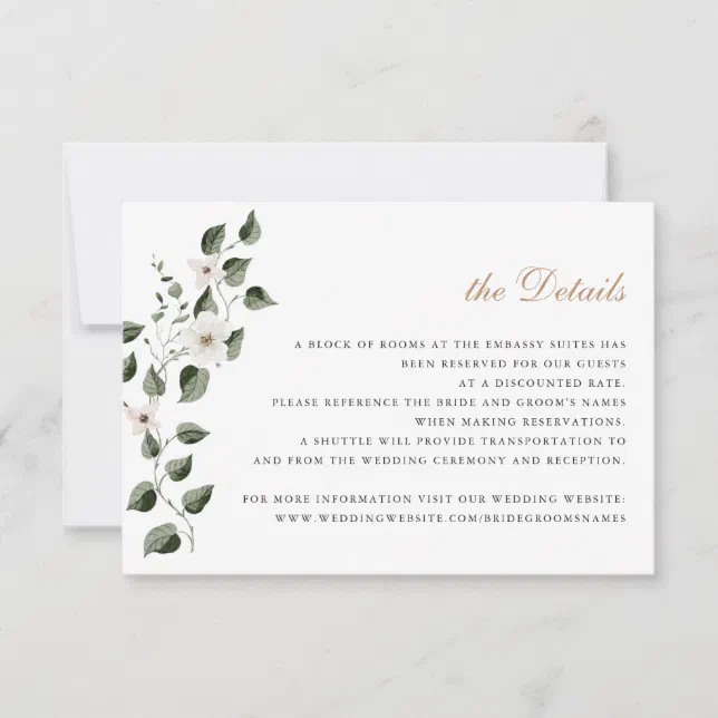 Elegant White Flowers Ivy Greenery Wedding Details Invitation | Zazzle