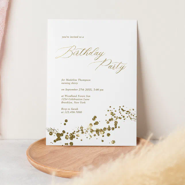 Elegant White Gold Dust Confetti Adult Birthday Invitation | Zazzle