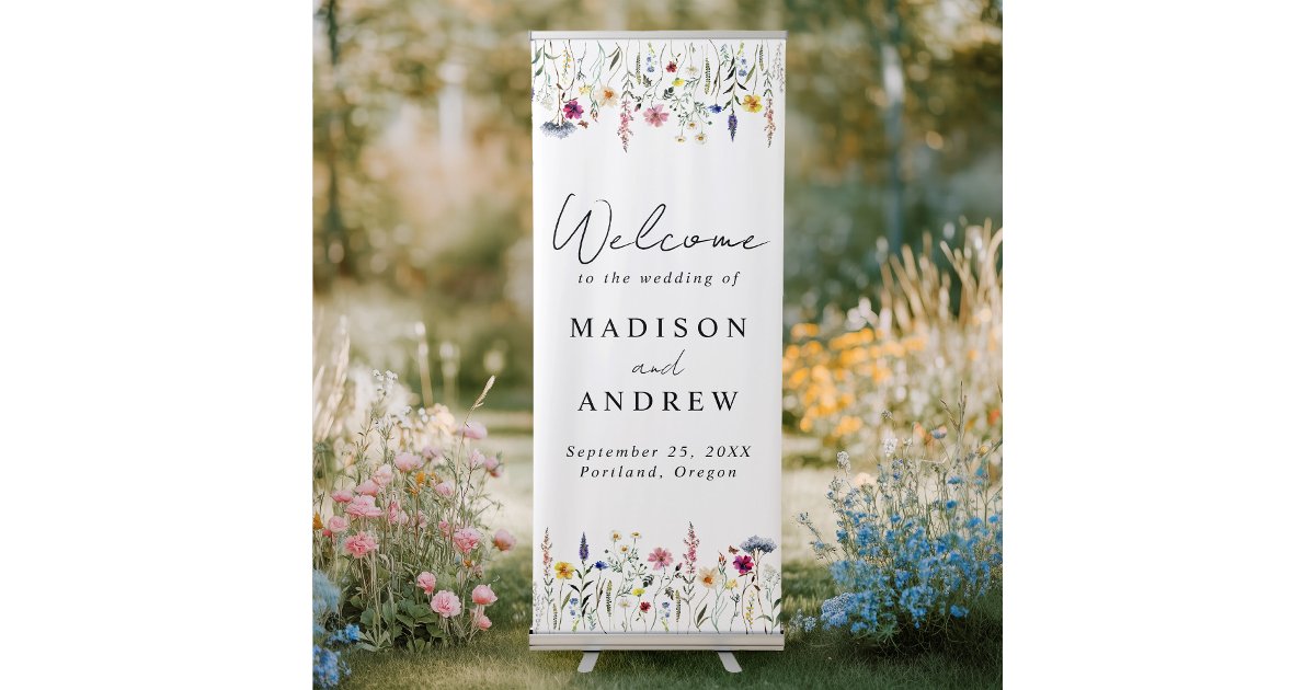 Elegant Wildflower Meadow Wedding Welcome Retractable Banner | Zazzle