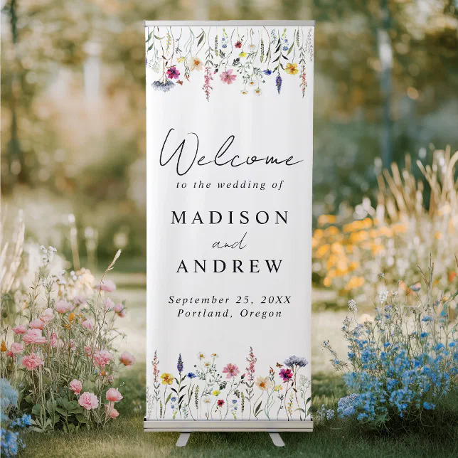 Elegant Wildflower Meadow Wedding Welcome Retractable Banner | Zazzle