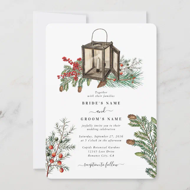 Elegant Winter Rustic Pine Trees Lantern Wedding Invitation | Zazzle