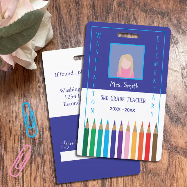 Elementary School Teacher colour pencils Photo ID ID Badge | Zazzle