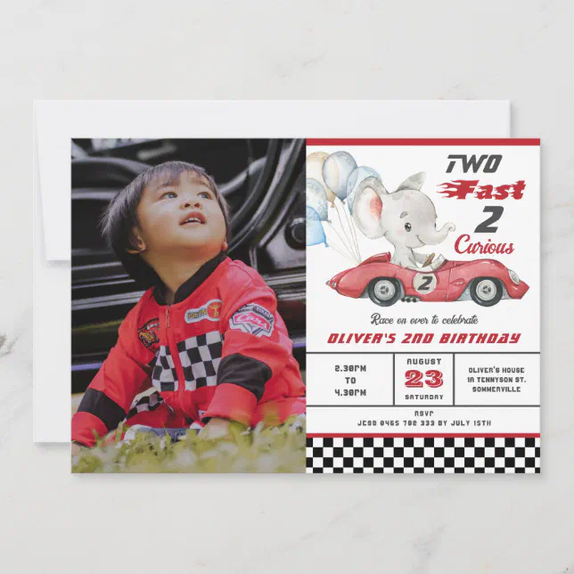 Elephant Red Race Car Two Fast 2nd Birthday Invitation | Zazzle