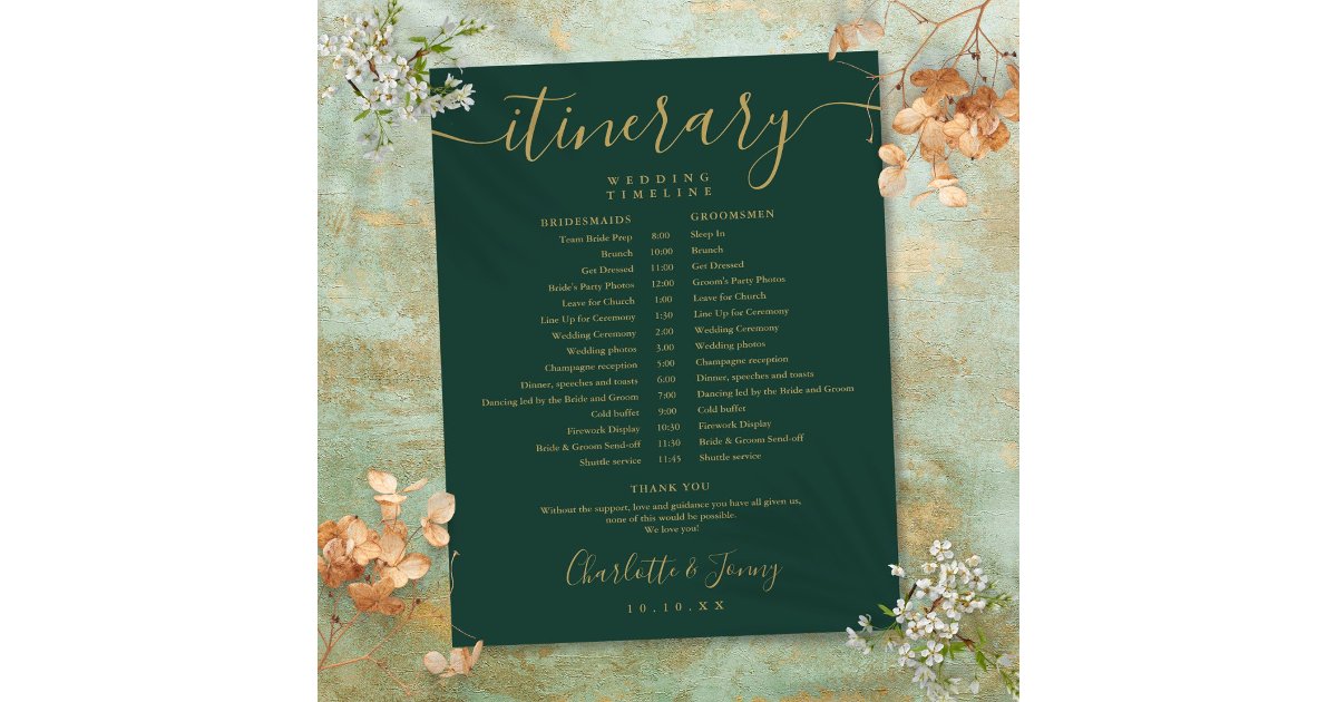 Emerald Gold Schedule Wedding Itinerary Timeline | Zazzle