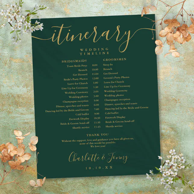 Emerald Gold Schedule Wedding Itinerary Timeline | Zazzle