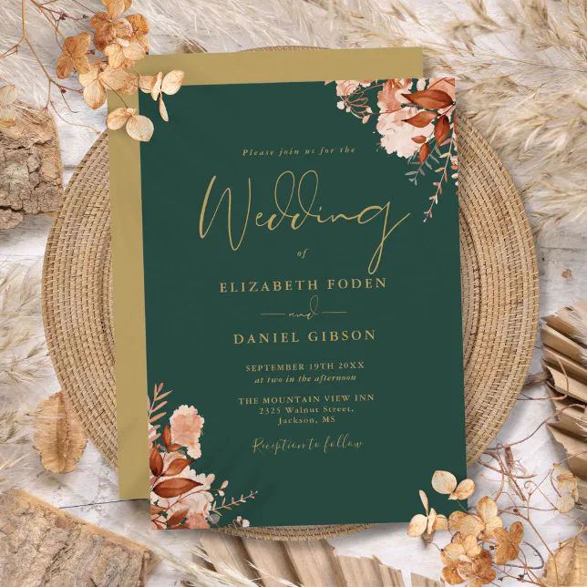 Emerald Green And Gold Rustic Floral Wedding Invitation | Zazzle