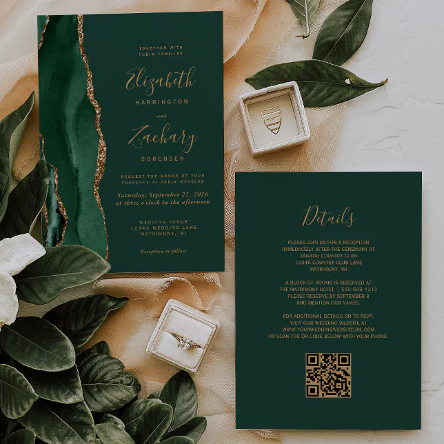 Emerald Green Gold Agate QR Code Wedding Invitation | Zazzle