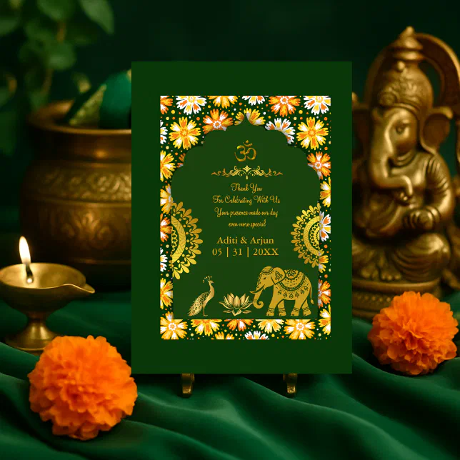 emerald traditional hindu motifs wedding thanks thank you card | Zazzle