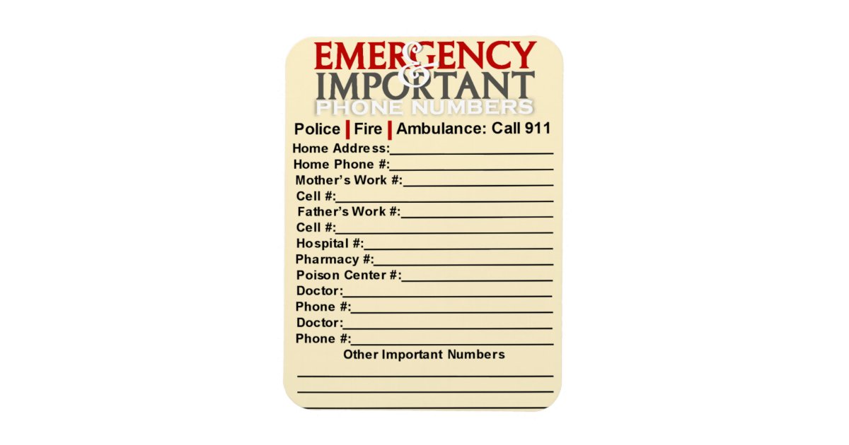Emergency and Important phone numbers 3"x4" magnet | Zazzle
