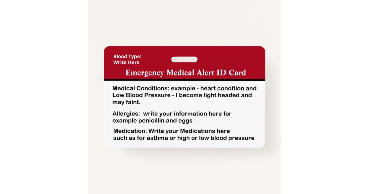 Emergency Medical Alert ID Card Custom ID Badge | Zazzle