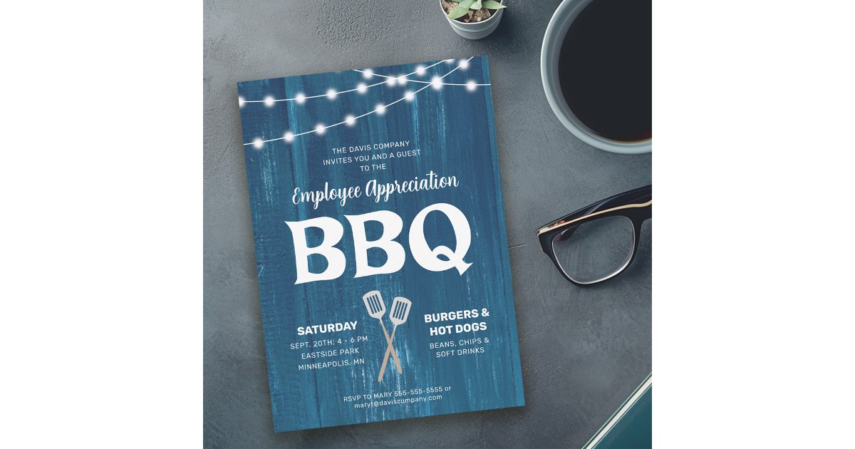 Employee Appreciation BBQ Rustic Blue Invitation | Zazzle