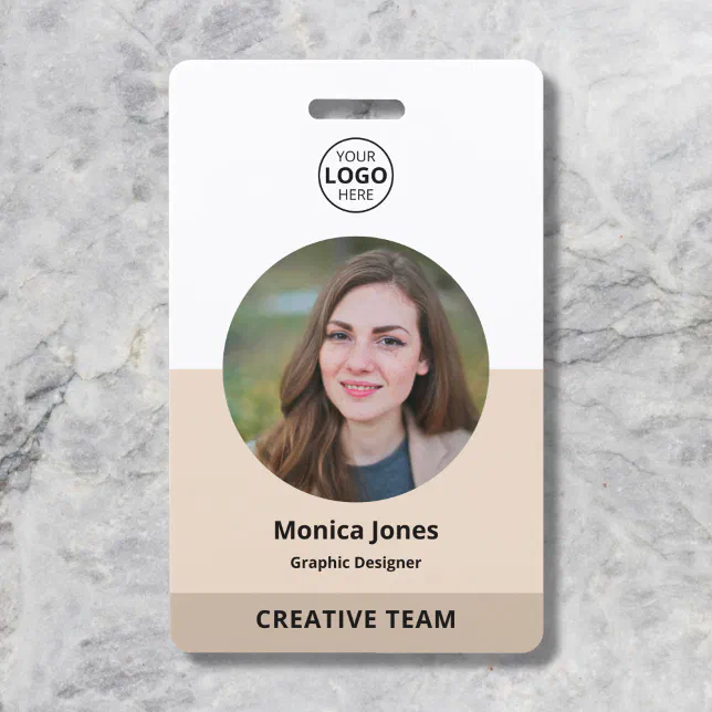 Employee Circle Photo QR Code Beige ID Badge | Zazzle