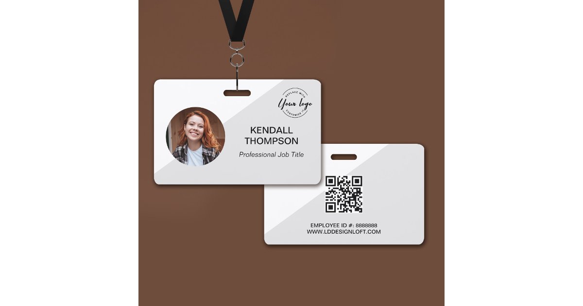Employee ID minimalist Grey Custom logo QR code ID Badge | Zazzle