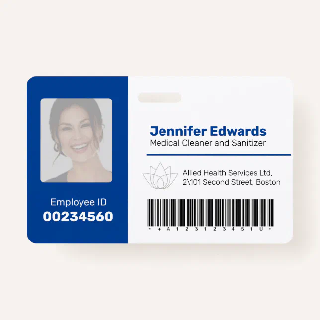 Employee identification ID barcode photo dark blue ID Badge | Zazzle