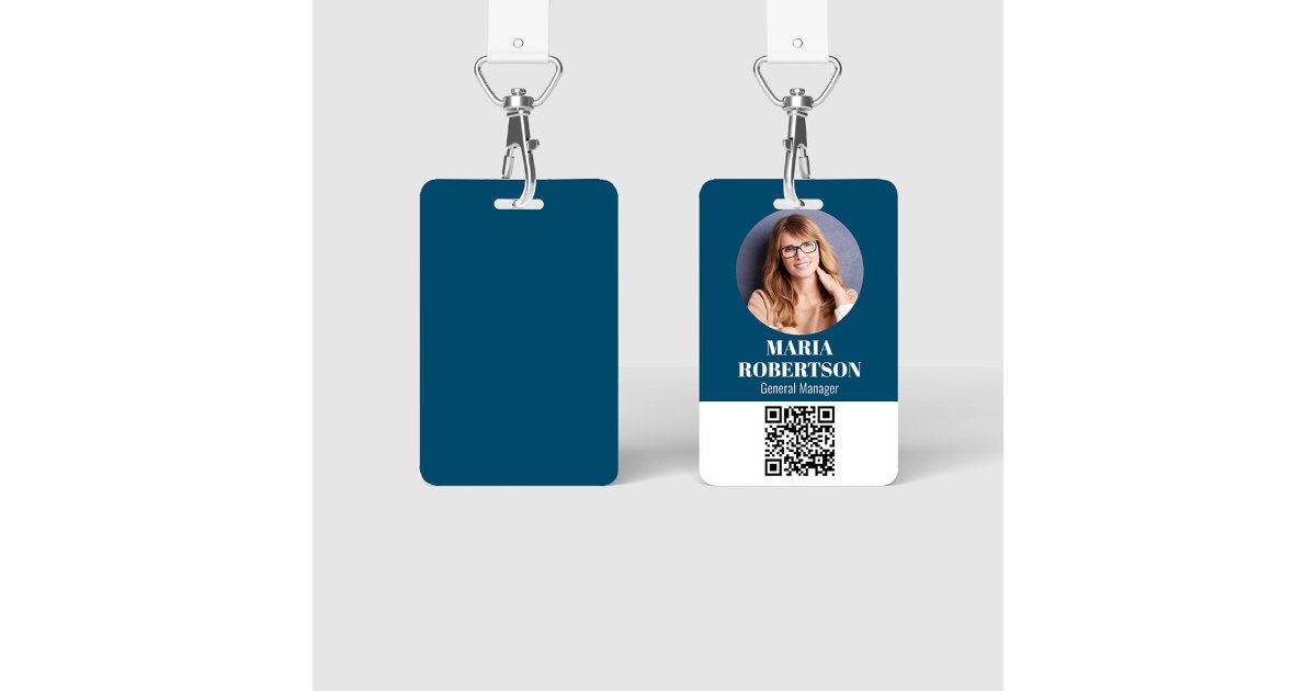 Employee Name Badge Minimalist Photo QR Code Blue ID Badge | Zazzle