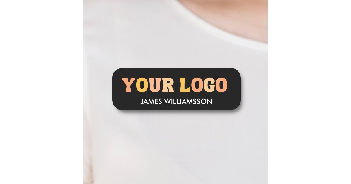 Employee Name Tag Custom Logo Magnetic & Pin Black | Zazzle