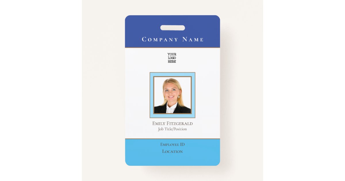 Employee Photo ID Name Logo Blue Gold ID Badge | Zazzle