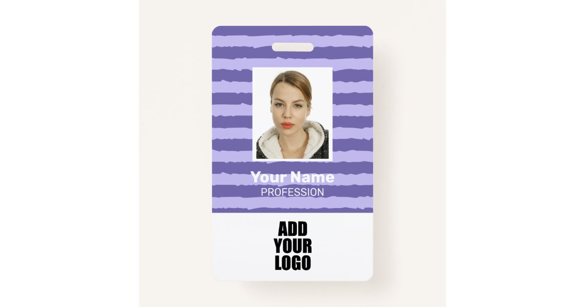 Employee Photo Logo & Barcode Purple Stripes ID ID Badge | Zazzle